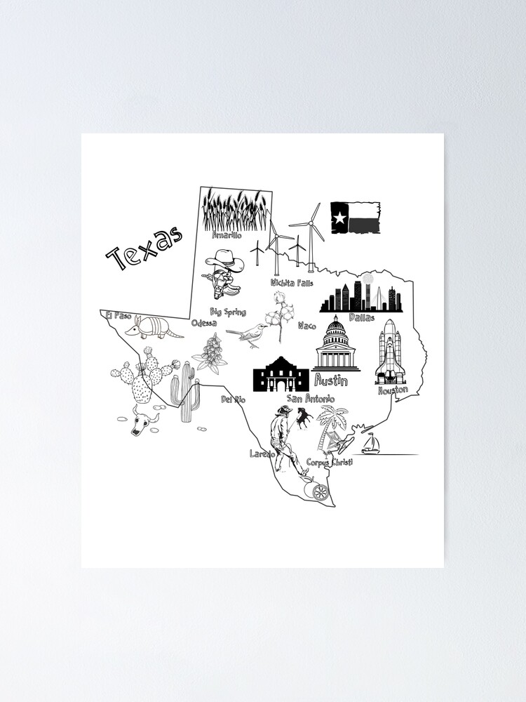 "Texas tourist map with landmarks and famous symbols,USA , United ...