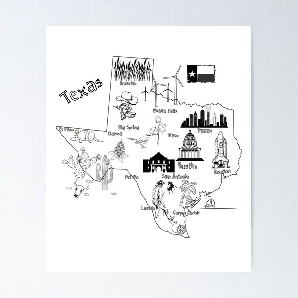 "Texas tourist map with landmarks and famous symbols,USA , United ...