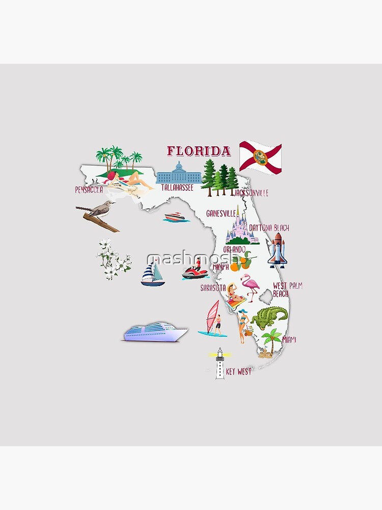 "Florida tourist map with landmarks and famous symbols, United States ...