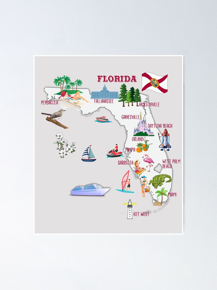 "Florida tourist map with landmarks and famous symbols, United States ...