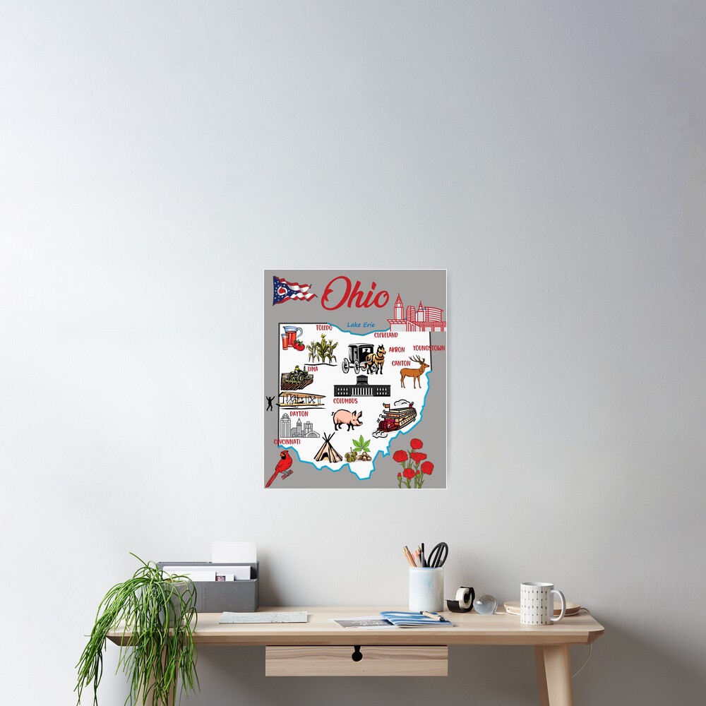 "Ohio tourist map with landmarks and famous symbols, USA, United States ...