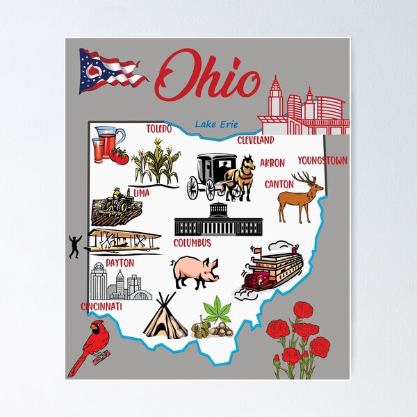 "Ohio tourist map with landmarks and famous symbols, USA, United States ...