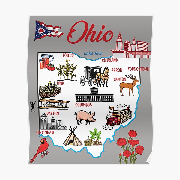 "Ohio tourist map with landmarks and famous symbols, USA, United States ...
