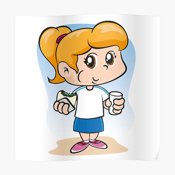 Illustration Representing A Child Girl Eating And Drinking A Snack