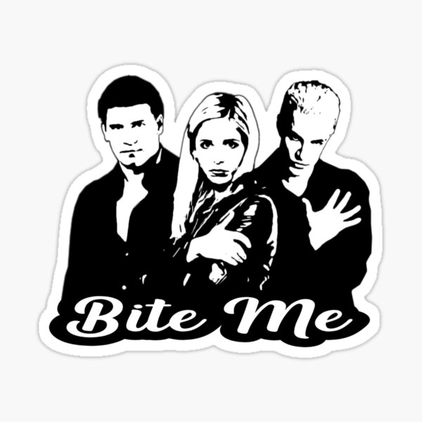 "Buffy, Angel, Spike Bite Me" Sticker for Sale by CharXena | Redbubble