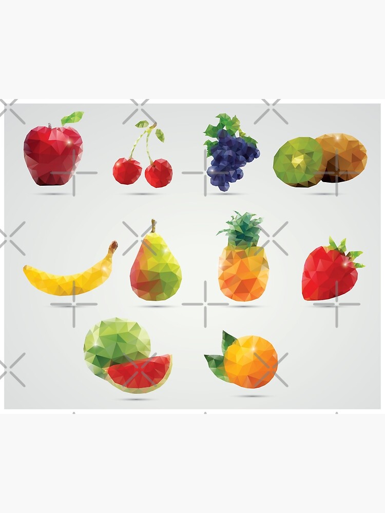 "Collection of geometric polygonal fruits, triangles, apple, cherries ...