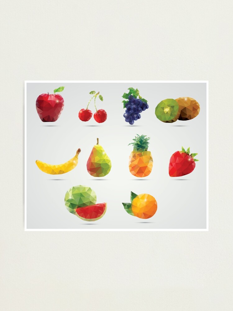 "Collection of geometric polygonal fruits, triangles, apple, cherries ...
