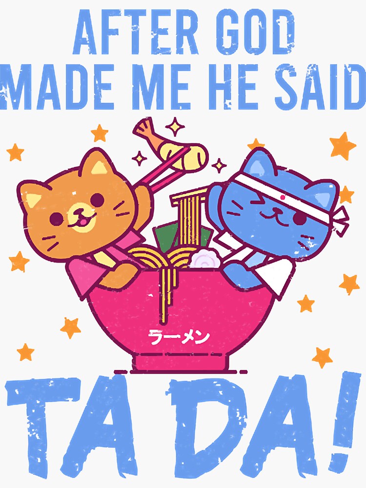 Pegatina «Ta ~ Da Gatos divertidos comiendo ramen con tazón de ramen ...