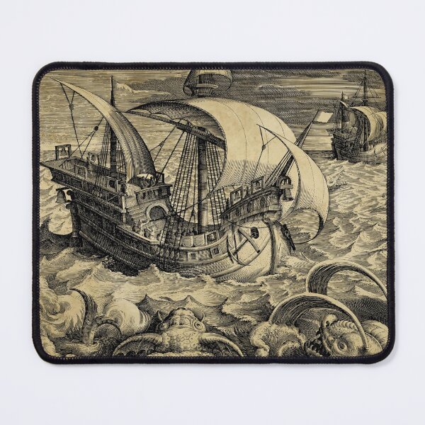 "Vintage ship surrounded by sea monsters." Mouse Pad for Sale by ...