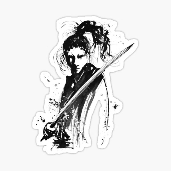 "Japanese Bushi Samurai with Sword Black and White Watercolor" Sticker ...