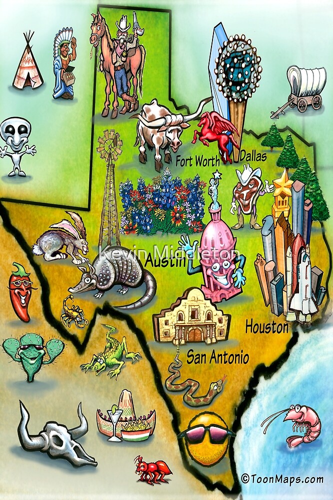 "Texas Cartoon Map" by Kevin Middleton | Redbubble