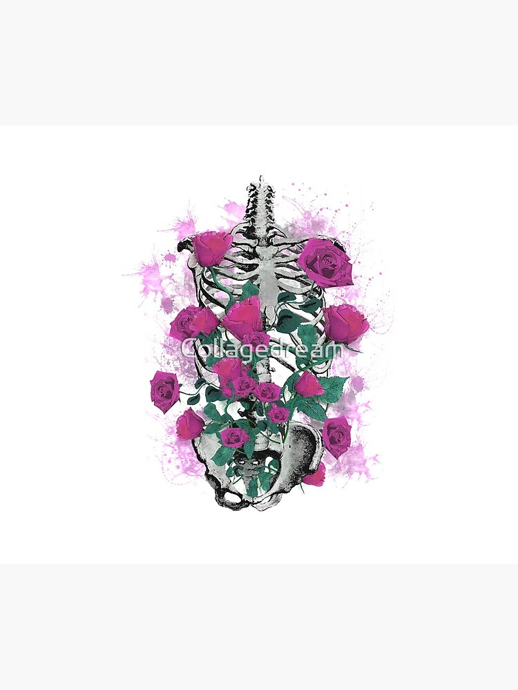 "Botanical pink roses anatomy, rib cage, pelvis, roses skeleton ...