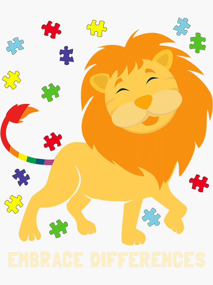 "Autism Awareness Cute Lion Puzzle Pieces Rainbow Tail" Sticker for ...