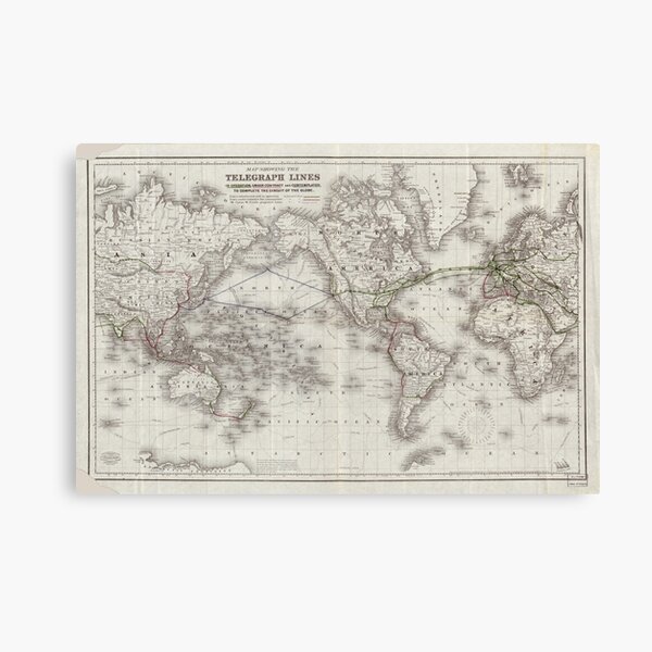 "Vintage World Telegraph Lines Map (1855)" Canvas Print by BravuraMedia ...