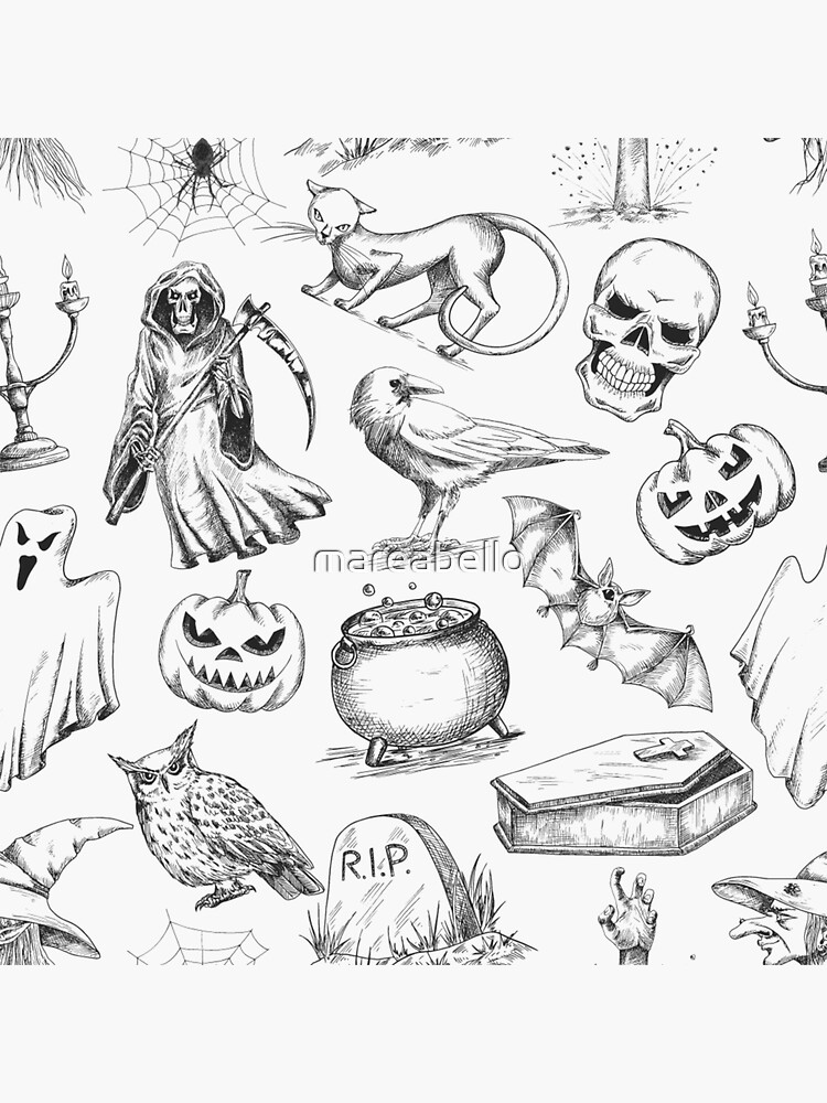 "Spooky Line Art Halloween Pattern | Black" Sticker for Sale by ...