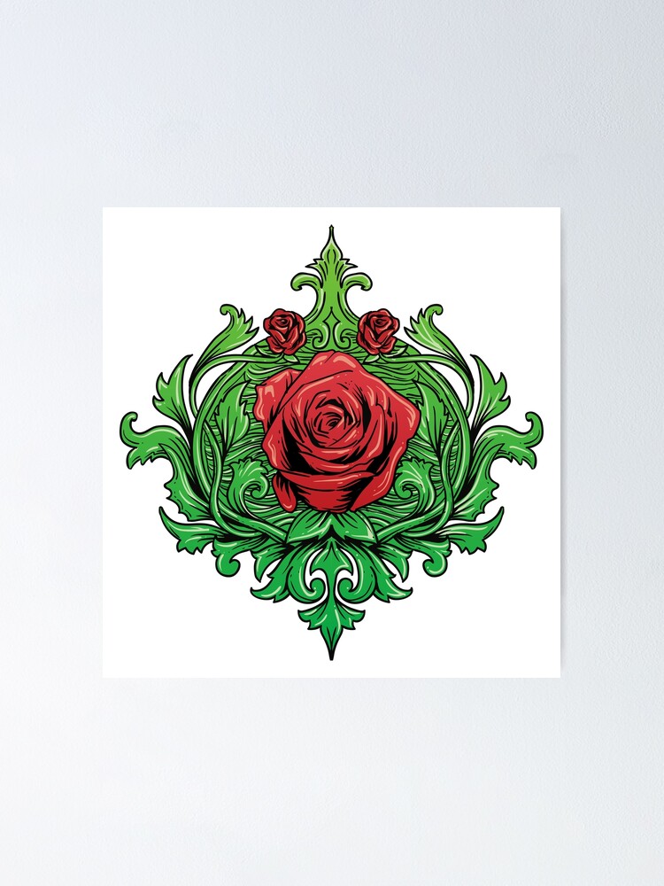 Póster «Grabado de rosas rojas y hojas verdes» de renju1902 | Redbubble