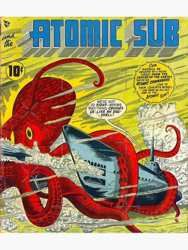 Póster «Cómic vintage de Atomic Sub, pulpo, submarino, torpedo, misil, océano, criatura ...
