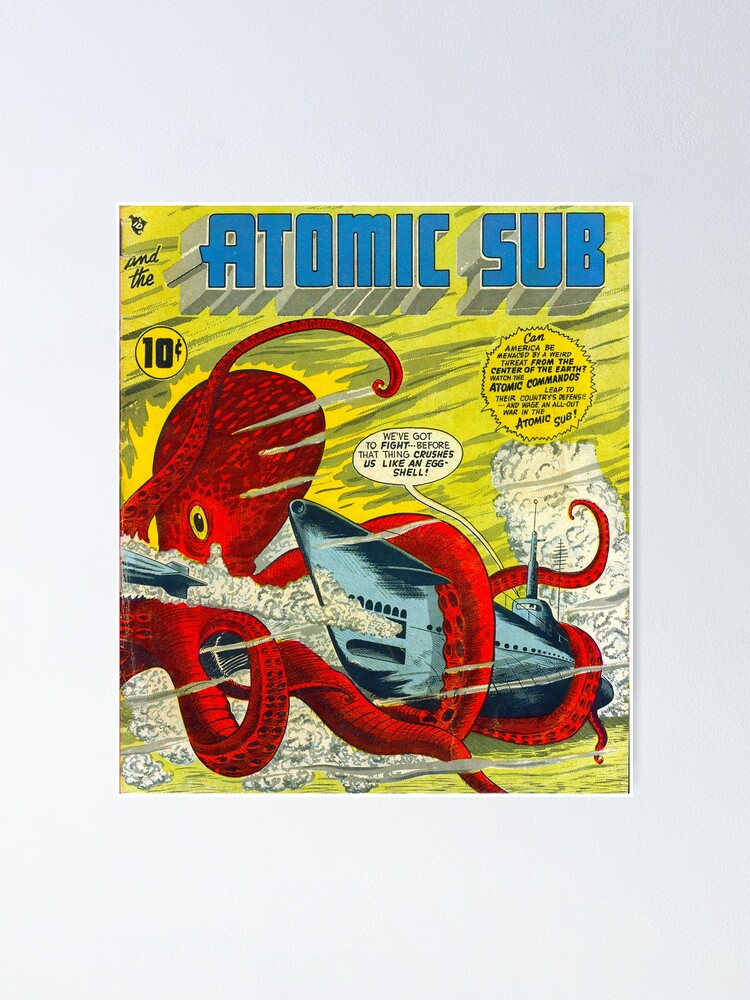 Póster «Cómic vintage de Atomic Sub, pulpo, submarino, torpedo, misil, océano, criatura ...