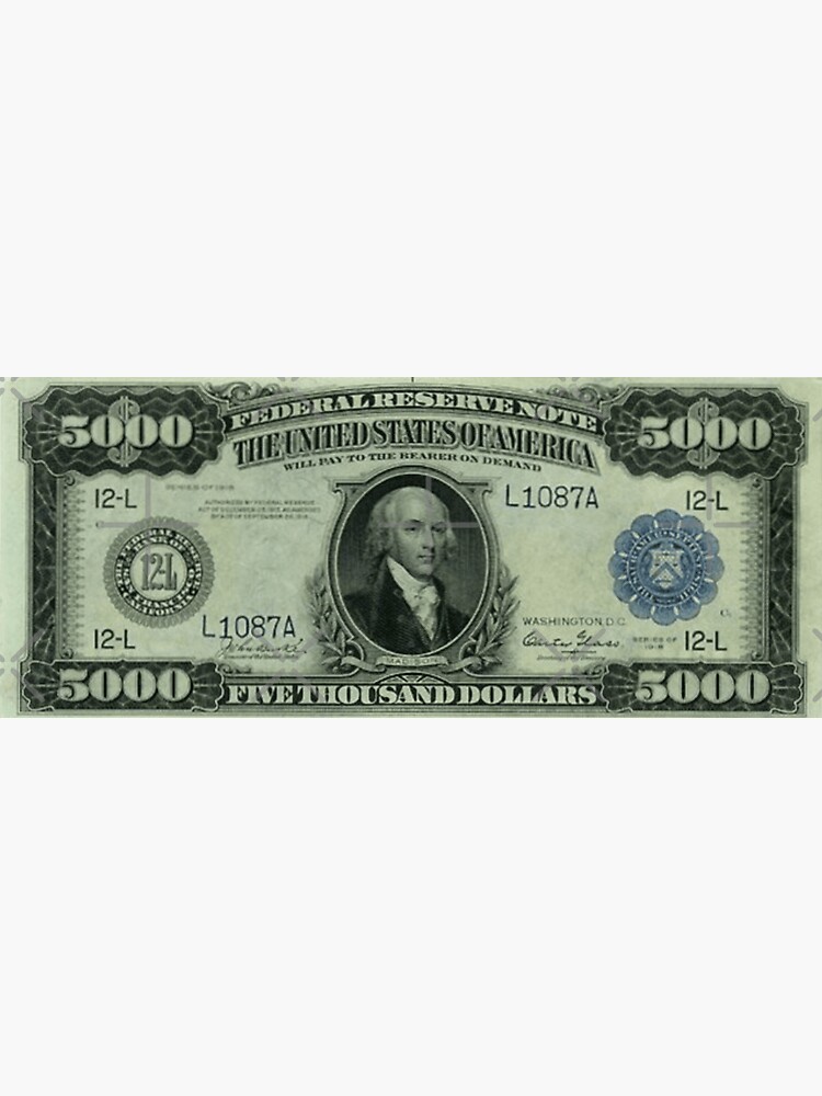 "$5000 US Dollar Bill, President Madison, Federal Reserve Note" Sticker ...