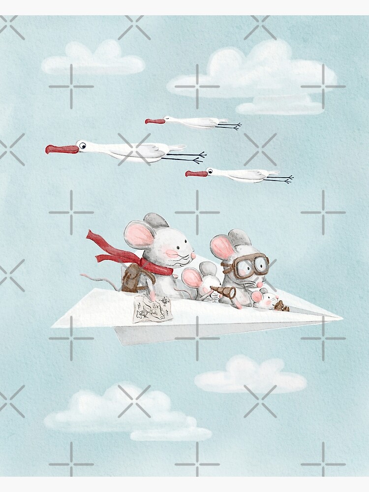 "Cute watercolor mice are flying in paper plane." Poster for Sale by ...