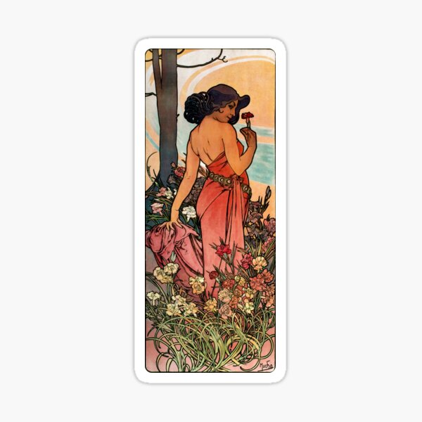 "Red Carnation Flowers Alphonse Mucha | Vintage Illustrations " Sticker ...