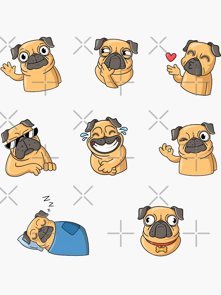 "Funny Pug Sticker Packs in different poses and emotions, Sticker ...