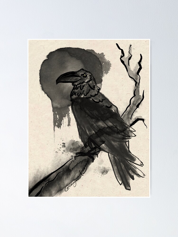 "Raven and full moon ink art" Poster for Sale by orangerinka | Redbubble
