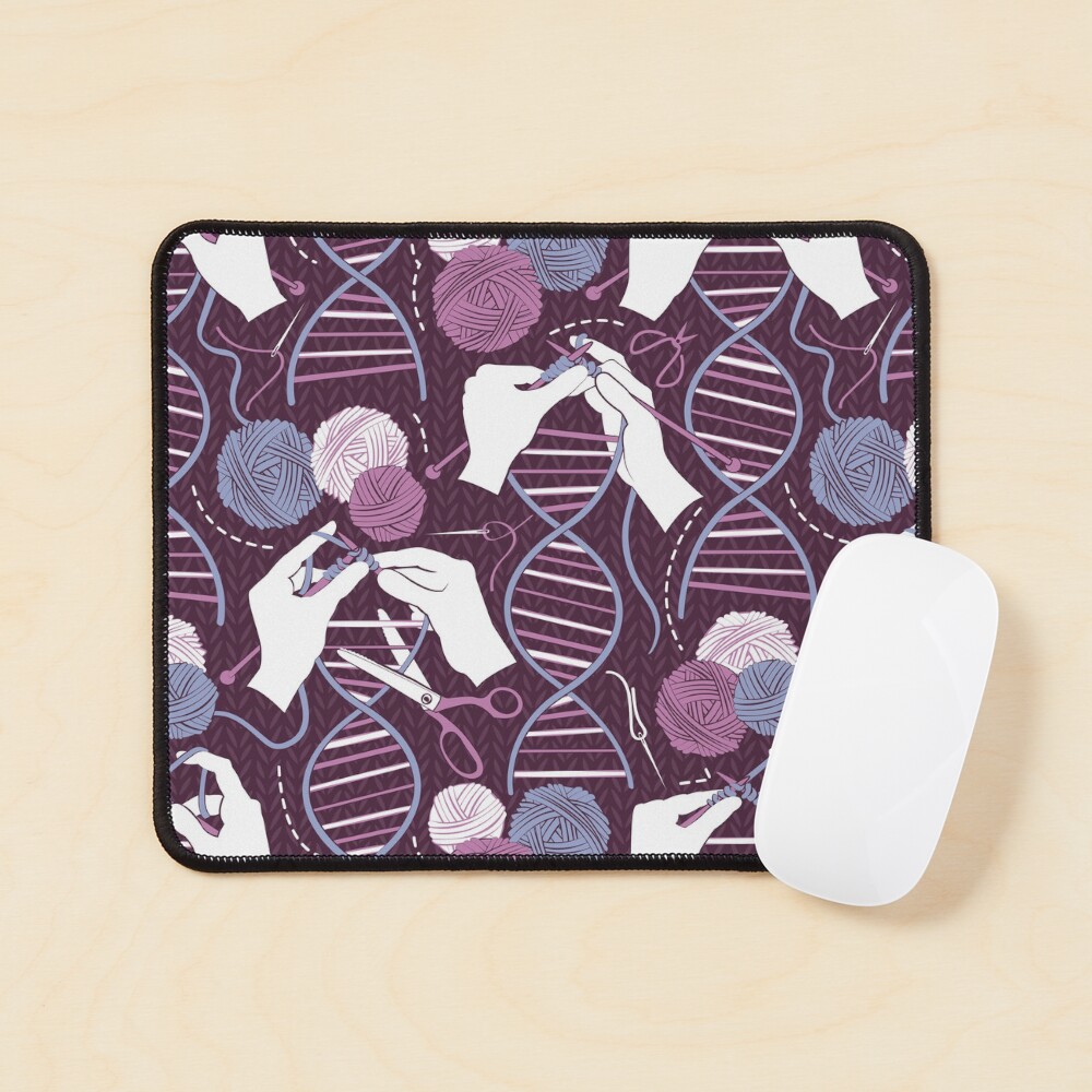 "Knitting DNA // dark purple background indigo blue and pink wool balls ...