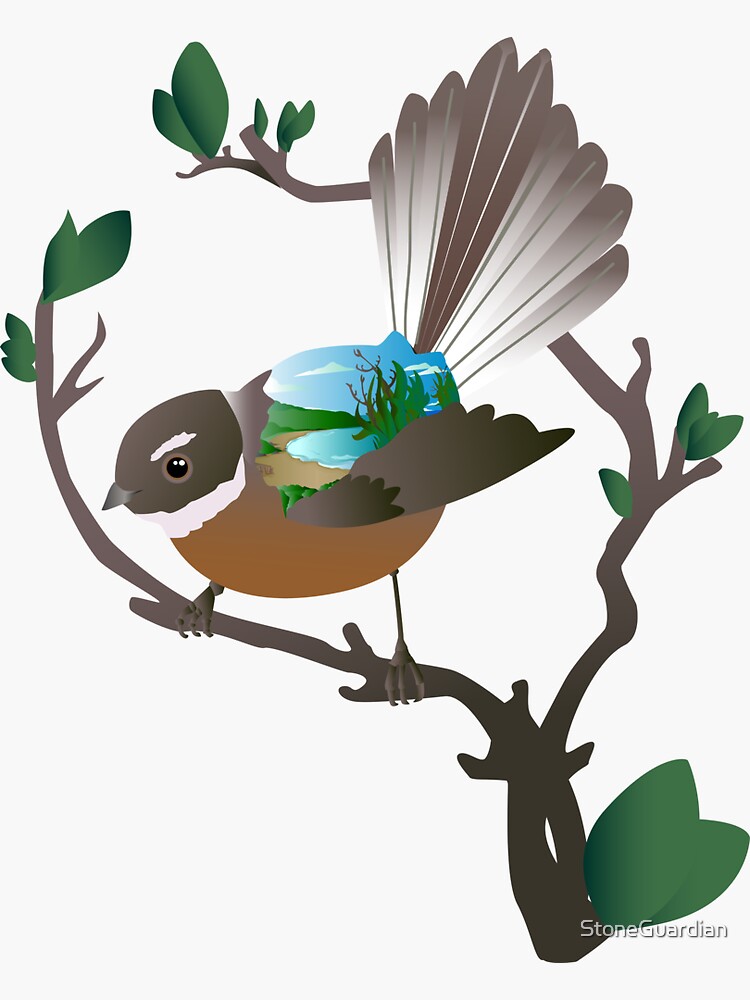 "New Zealand Fantail and Landscape" Sticker for Sale by StoneGuardian ...