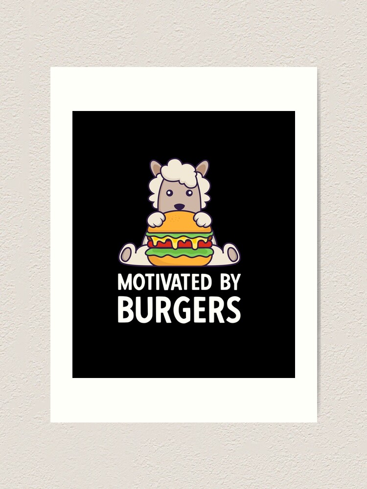 "Motivated by burgers, cute sheep eating burger, design for burger ...