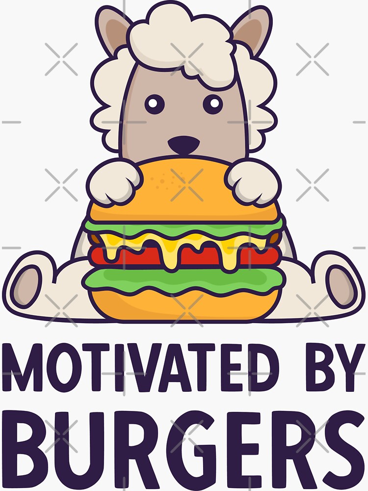 "Motivated by burgers, cute sheep eating burger, design for burger ...