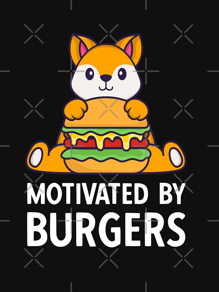 "Motivated by burgers, cute fox eating burger, design for burger lovers ...
