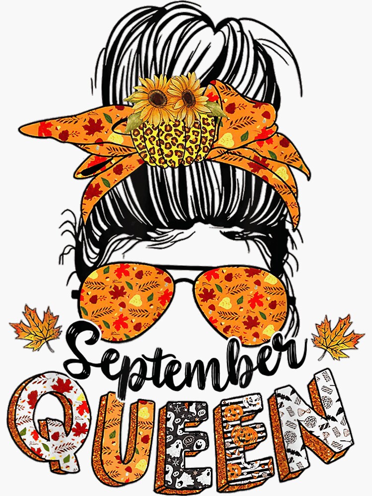 "September Queen Fall Halloween Woman Face Pumpkin Leaves" Sticker for ...