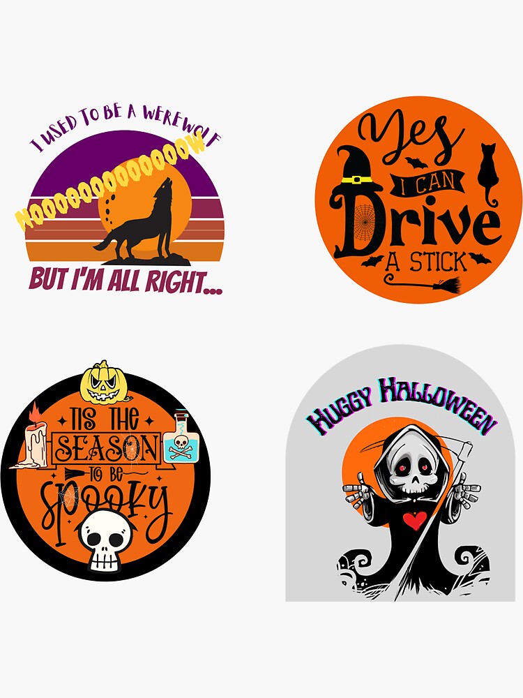 "Four Humorous Halloween Cool, Spooky and retro Designs Sticker Pack ...