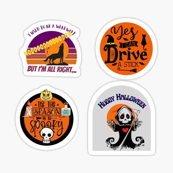 "Four Humorous Halloween Cool, Spooky and retro Designs Sticker Pack ...