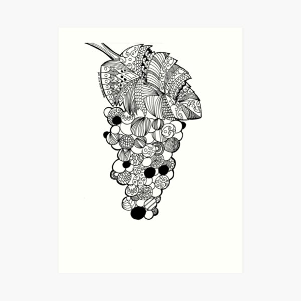 "Grapes zentangle black and white art draw" Art Print for Sale by ...