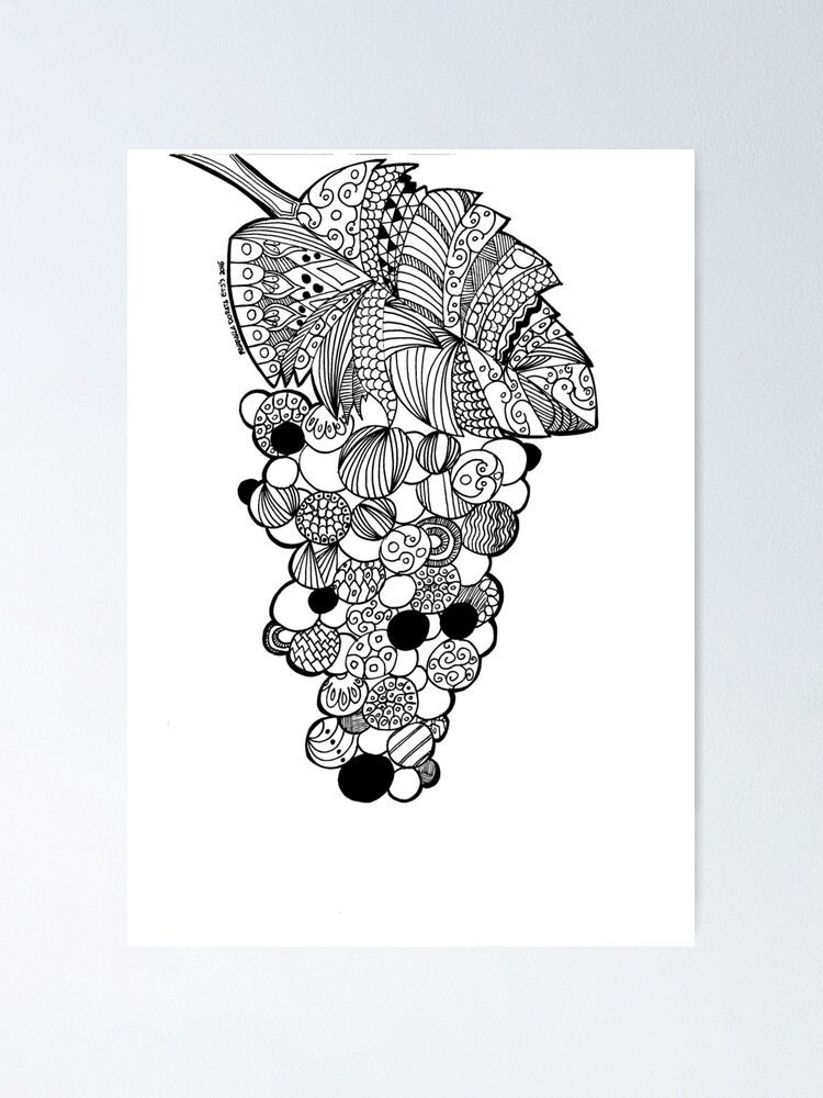 Poster « Raisins zentangle noir et blanc art dessiner », par FARFALLADORATA | Redbubble