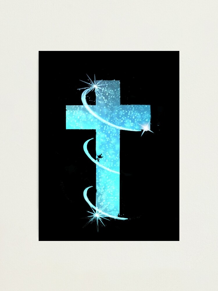 "Light Blue Sparkle Christian Cross Black" Photographic Print by ...