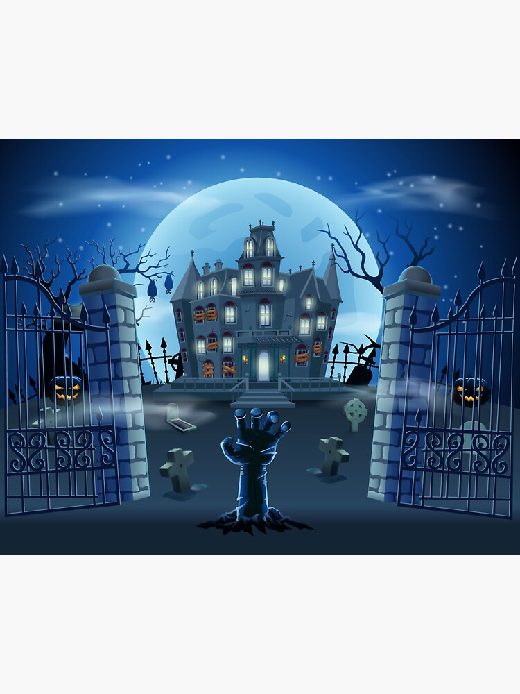 "Halloween Spooky Blue and Black Haunted House with Zombie Hand ...