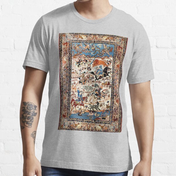 "Blue Antique Persian Isfahan Silk Rug with Flowers Animals Print" T ...