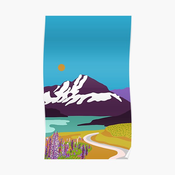 "New Zealand Lake Tekapo and Mt Cook digital illustration" Poster for ...