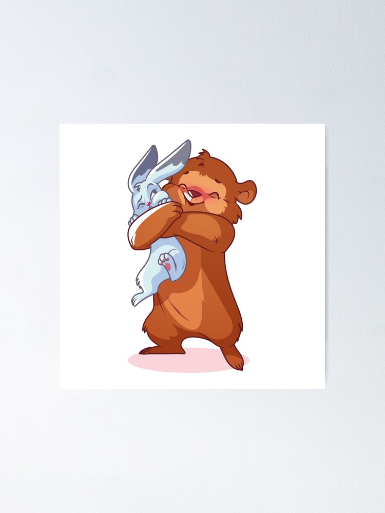 "Cute bear hugs rabbit." Poster for Sale by Victoria Kosheleva | Redbubble