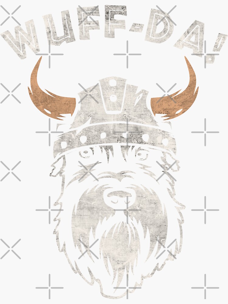 "Wuff Da Uff Da and Woof pun with Shnautser Dog in Viking Helmet ...