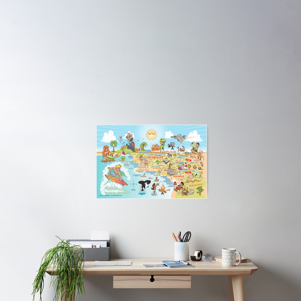 "Cartoon Map of Southern California" Poster for Sale by Lines | Redbubble