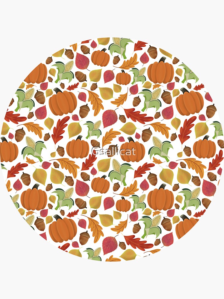 "Fall, Autumn Leaves, Pumpkins, acorns, corn, Pattern (White)" Sticker ...