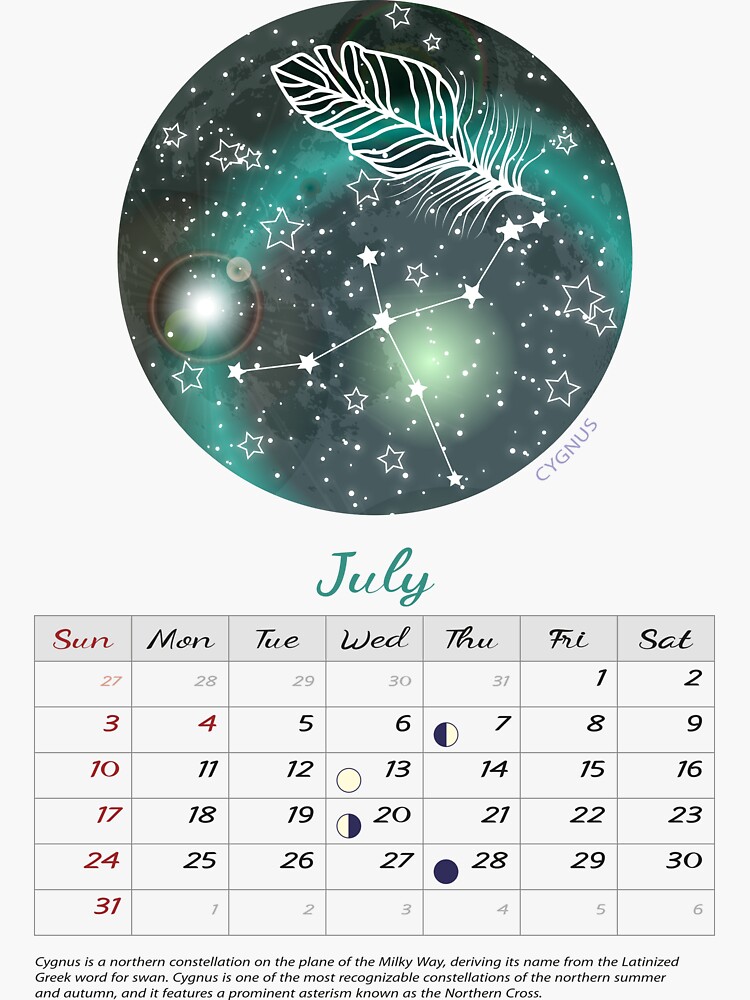 "July 2022 calendar Cygnus constellation Moon phase calendar Moon ...