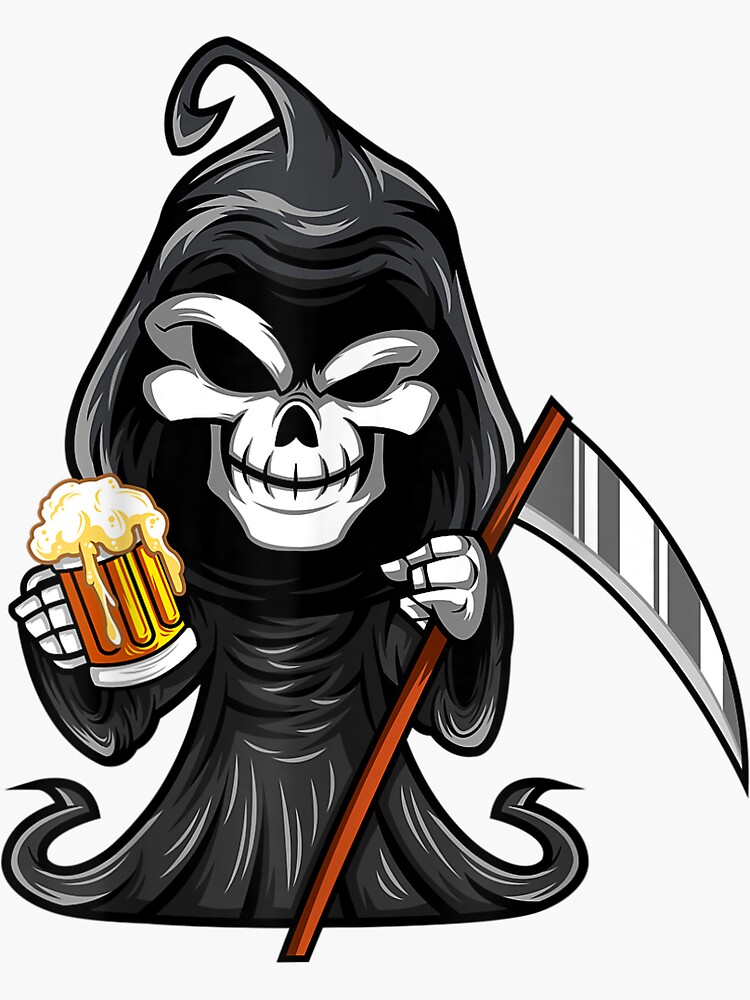 "Funny Grim Reaper Drinking Beer Death Skull Halloween Party" Sticker for Sale by Studio729 ...