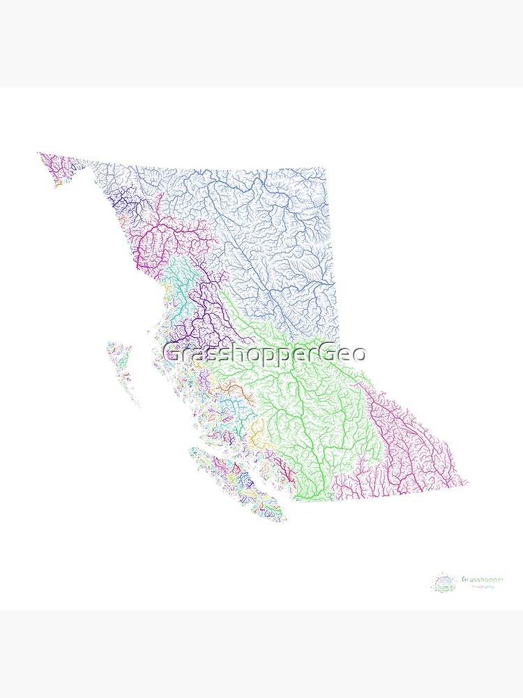"British Columbia River Basin Map in Rainbow Colours with White ...