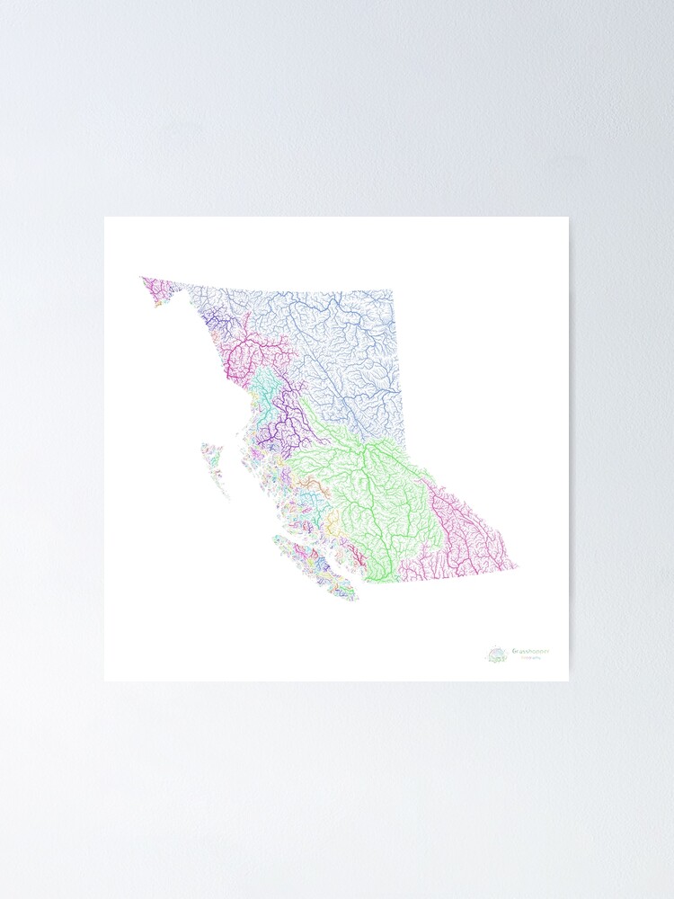 "British Columbia River Basin Map in Rainbow Colours with White ...