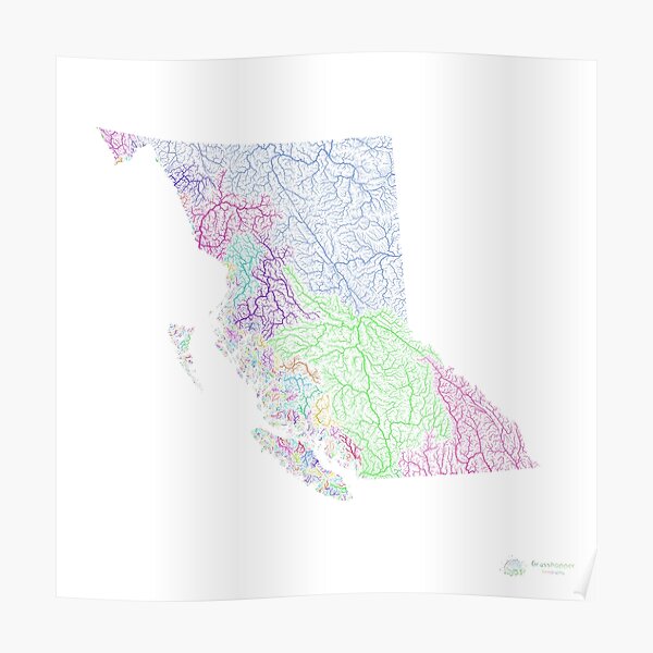 "British Columbia River Basin Map in Rainbow Colours with White ...